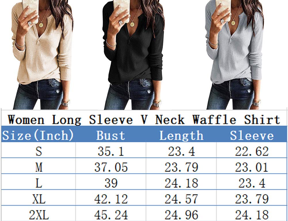 Famulily Women's Waffle Knit Long Sleeve Shirt Loose V Neck Thermal Tops and Bloue White Large