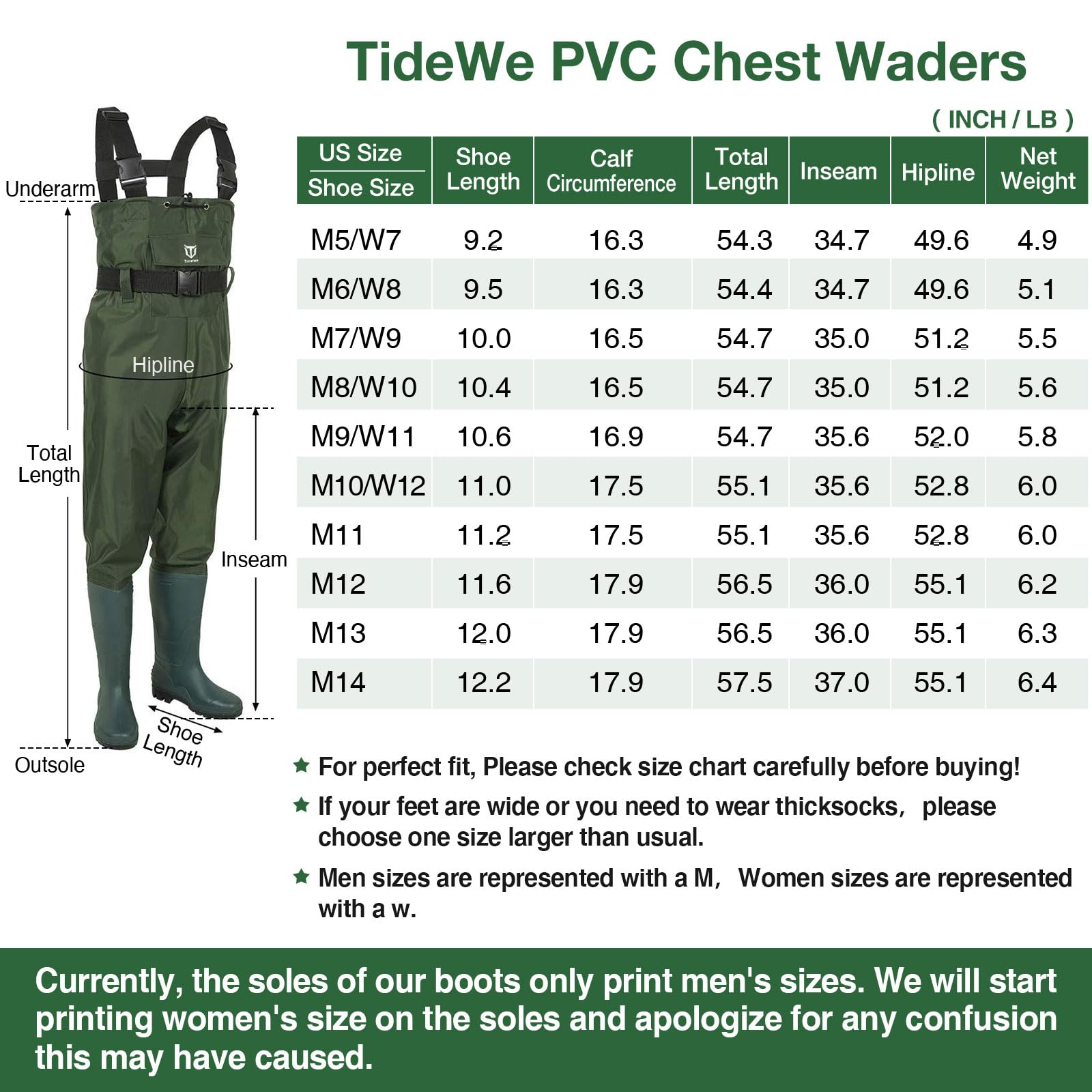 TIDEWE Bootfoot Chest Wader, 2-Ply Nylon/PVC Waterproof Fishing & Hunting Waders with Boot Hanger for Men and Women Green Size 6