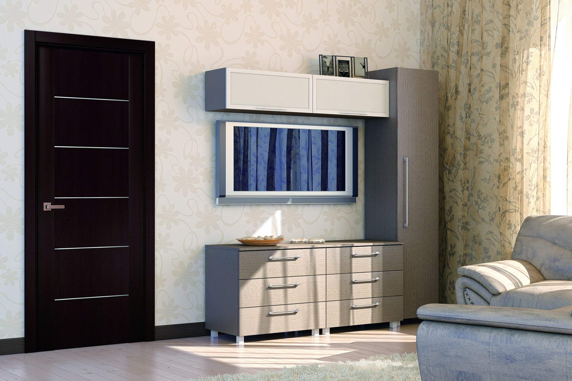 SARTODOORS Brown Modern Door 28 x 80 with 3D Strips | Planum 0030 Wenge | Frame Trims Lever Satin Nickel Hardware | Closet Solid Core Door
