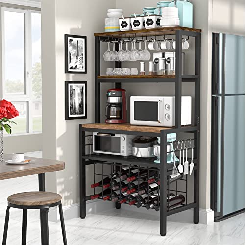 Unikito Wine Rack Table, Modern Freestanding Floor Liquor Bar Table Cabinet with Glass Rack Bottle Shelf, Industrial Wine Bar Cabinet with Storage and Hook for Home Kitchen Dining Room, Rustic Brown