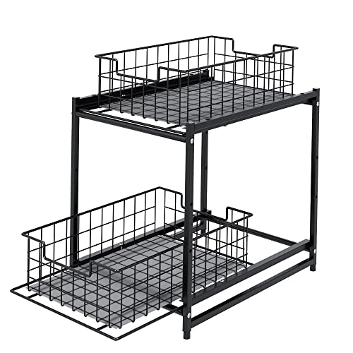Under Sink Organizer,Stackable Bathroom Cabinet Organizer and Storage,2 Tier Slide Out Cabinet Storage Shelves,Multi-Use Under Kitchen Sink Organizers and Storage With Basket Positioning(Black)