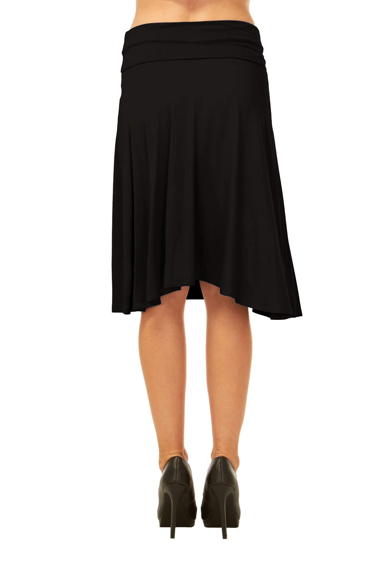 SADACO Womens Basic Solid Stretch Fold-Over Flare Midi Skirt - Made in USA (Large, Black)