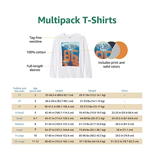 Amazon Essentials Boys' Long-Sleeve T-Shirts, Pack of 5, Monsters/Multicolor/Stripe, Medium