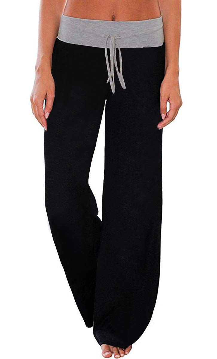 AMiERY Womens Pajamas Solid Juniors Wide Leg Palazzo High Waisted Jogger Pants Sleep Lounge Pants Black 2XL