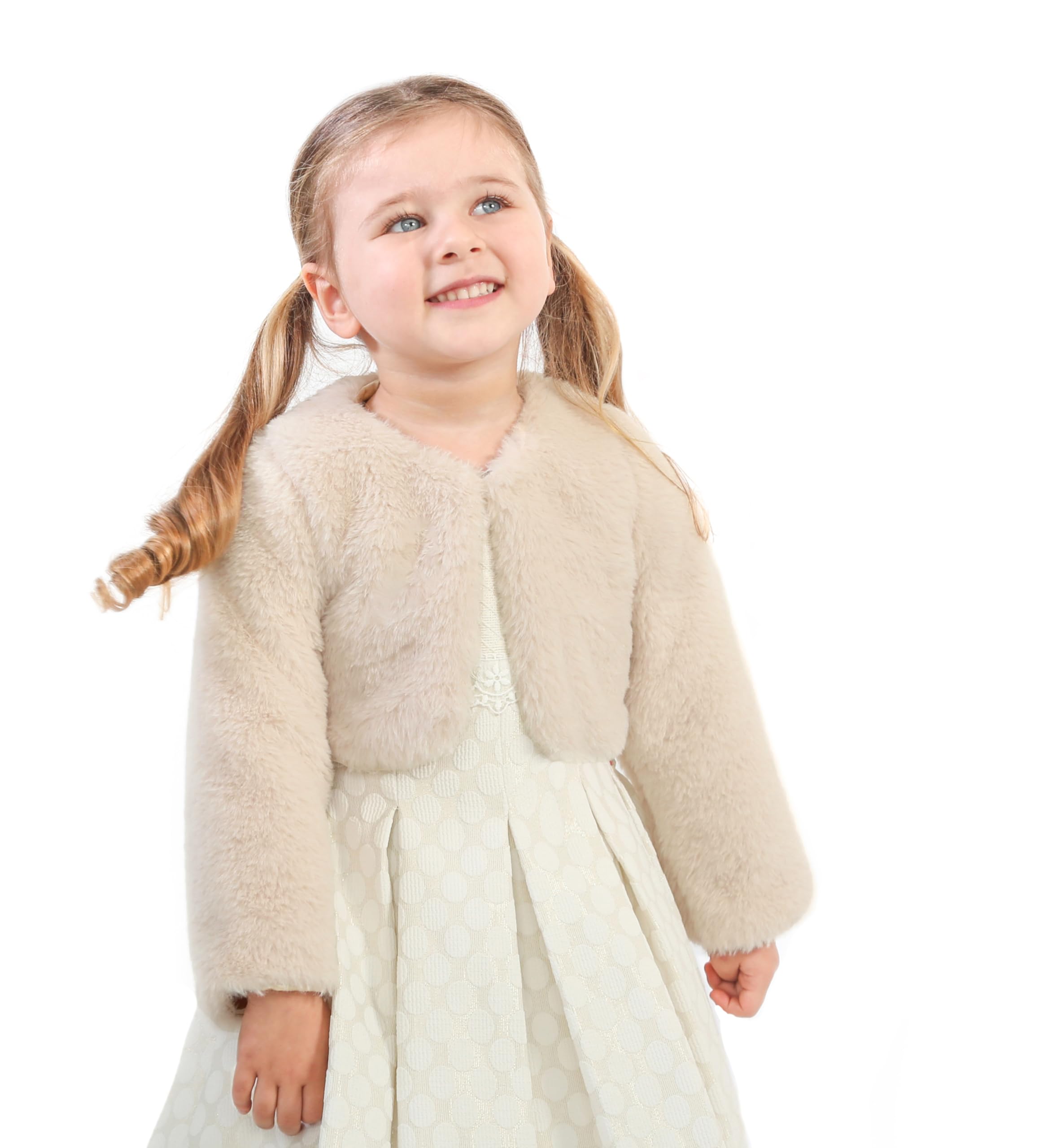 Lilax Girls Cozy Faux Fur Long Sleeve Crew Neck Dress Coat (Beige,7)