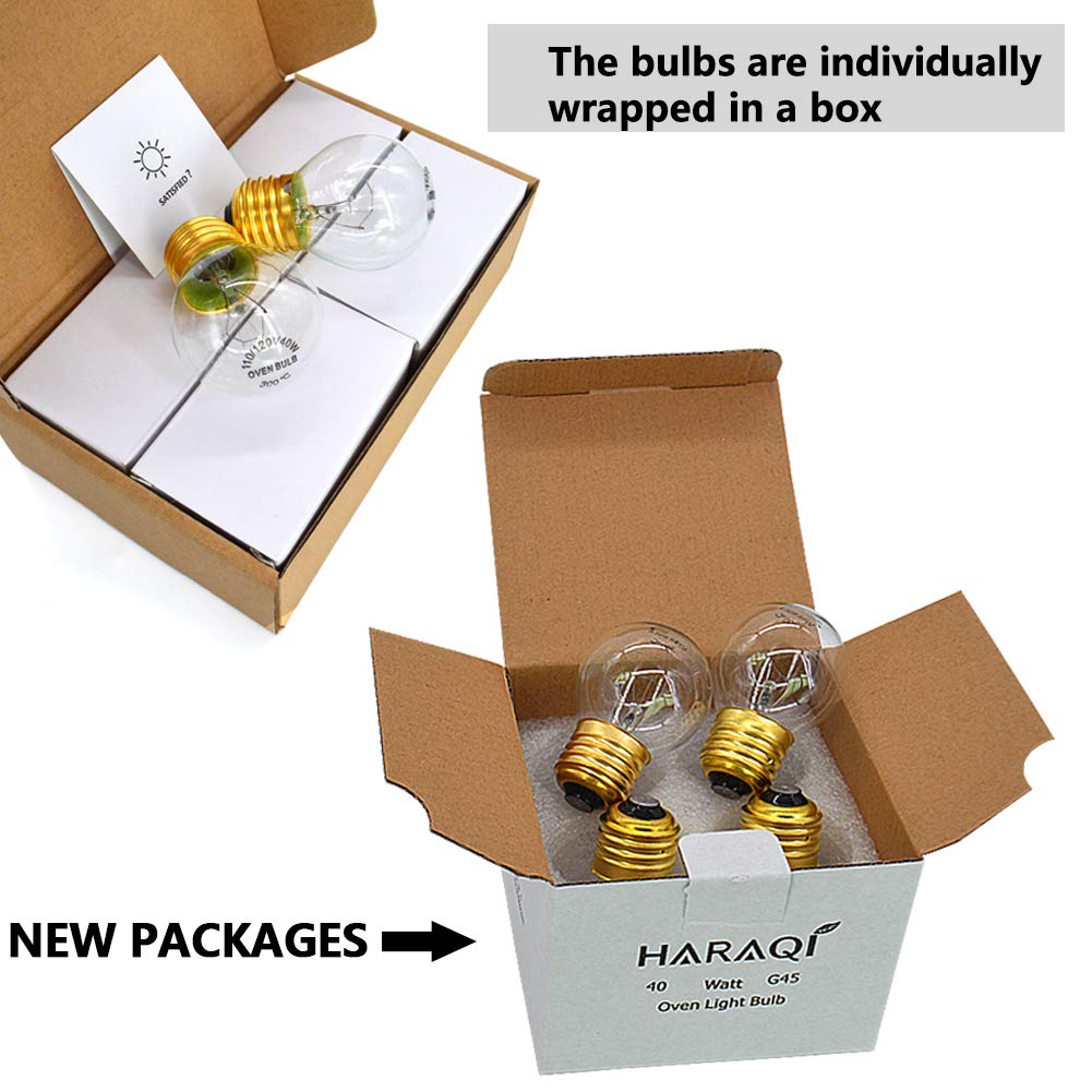 haraqi 4 Pack E27 E26 G45 120 Volt 40 Watt Oven Bulb,High Temperature 300 Degree Resistant Incandescent Bulbs,Brass Base Clear Glass Oven Bulb