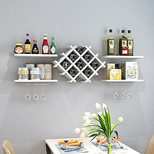 Wine Rack Wall Mounted, Wall Mount Wine Rack with Wine Glass Holder, Wall Holder White Floating Wine Shelf Holder with 8 Wine Bottle Holders for Home Kitchen