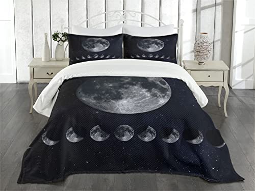 Lunarable Moon Phases Bedspread, Giant Moon on The Starry Night Sky Eclipse Movement Celestial Science, Decorative Quilted 3 Piece Coverlet Set with 2 Pillow Shams, Queen Size, Indigo Black