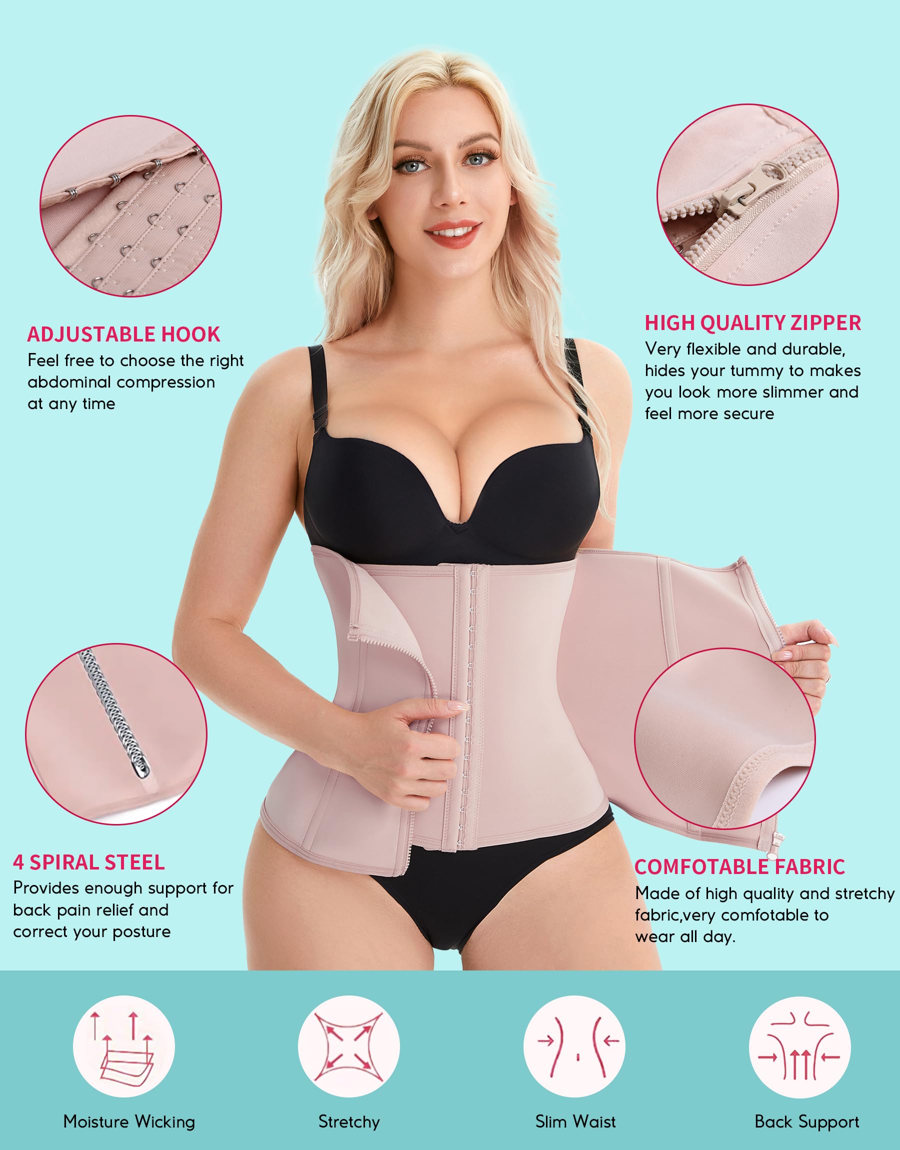 LODAY Waist Trainer Corset for Women Tummy Control Sport Workout Body Shaper Beige (XS, Beige(Zip and Hooks))