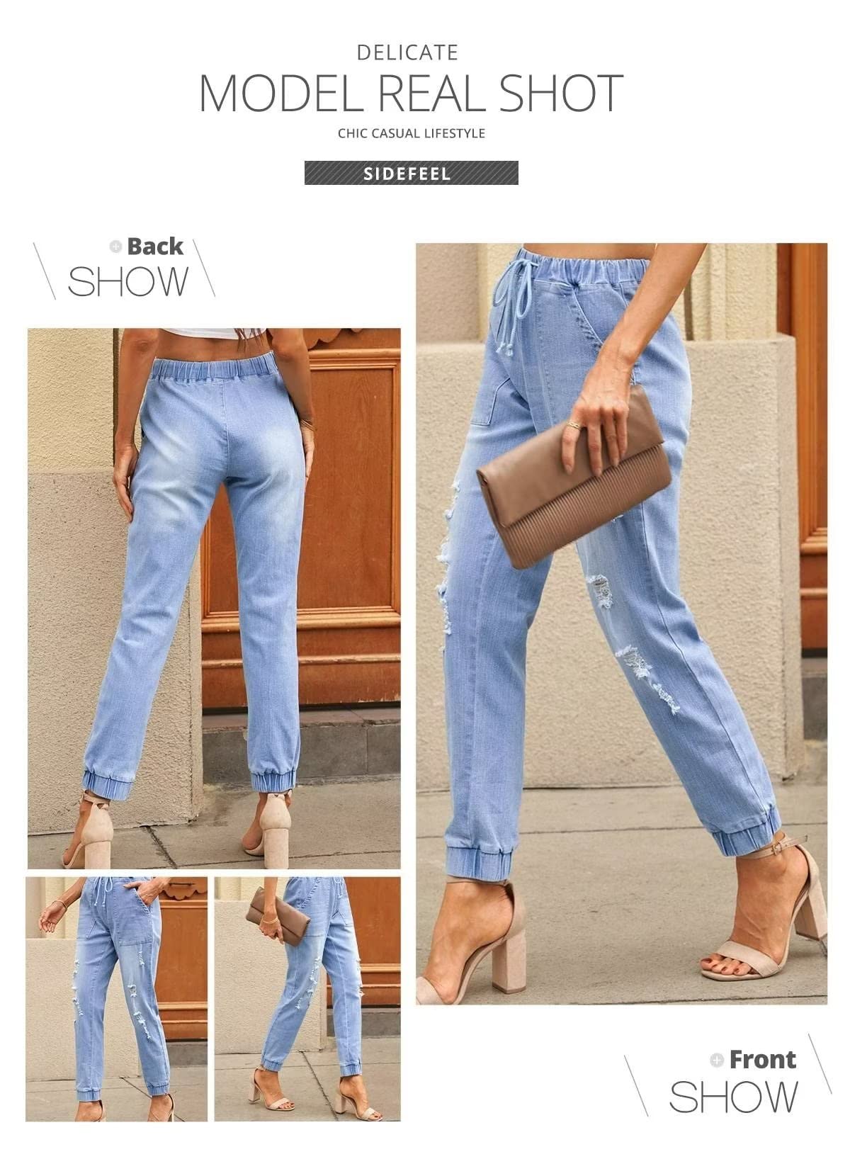 Sidefeel Women's Jeans Cargo Pants Ripped Denim Joggers Elastic Drawstring Waist Trouser Sky Blue Size 6