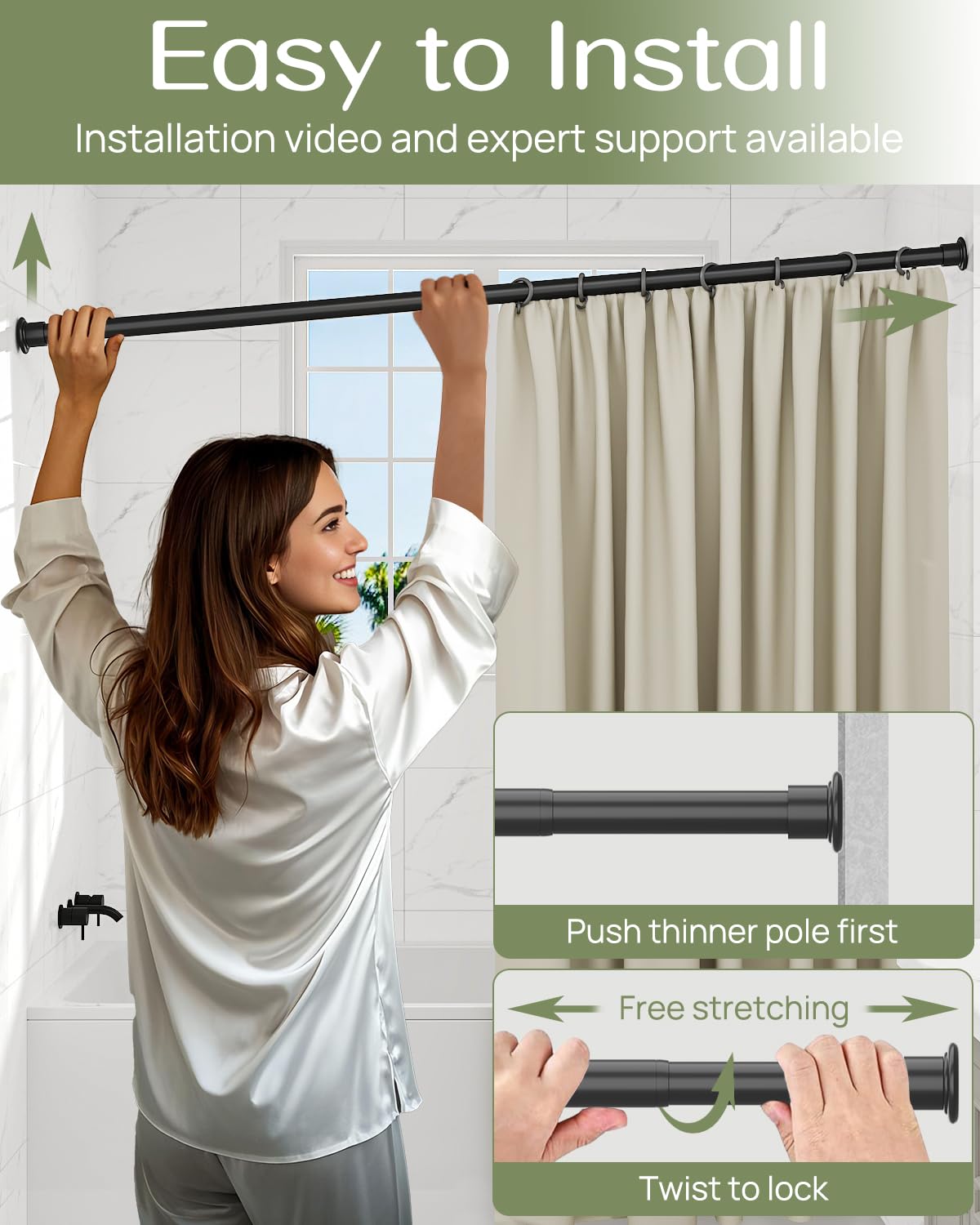 ALLZONE Heavy Duty Tension Shower Curtain Rod 42-83 Inches for Bathroom, Window, Non-Slip, Adjustable with Strong Spring Pole for Closet, Doorway, No Rust, No Drilling, Black