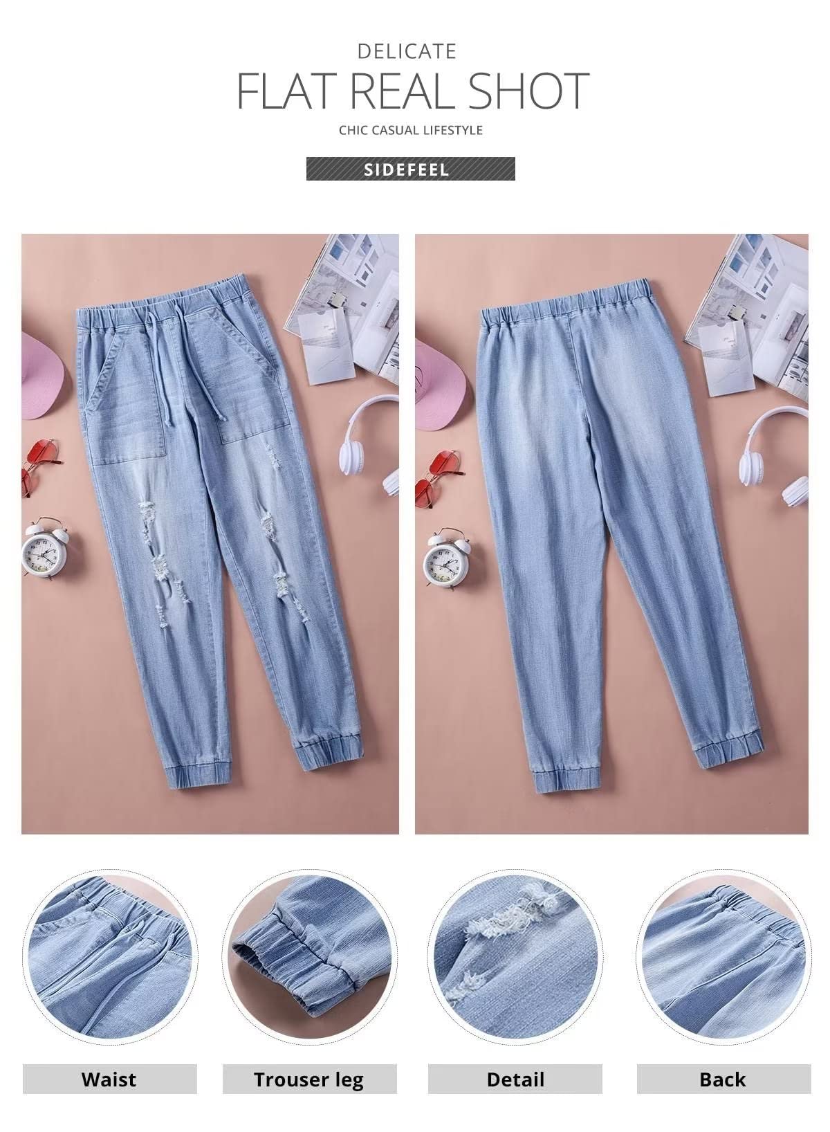 Sidefeel Women's Jeans Cargo Pants Ripped Denim Joggers Elastic Drawstring Waist Trouser Sky Blue Size 6