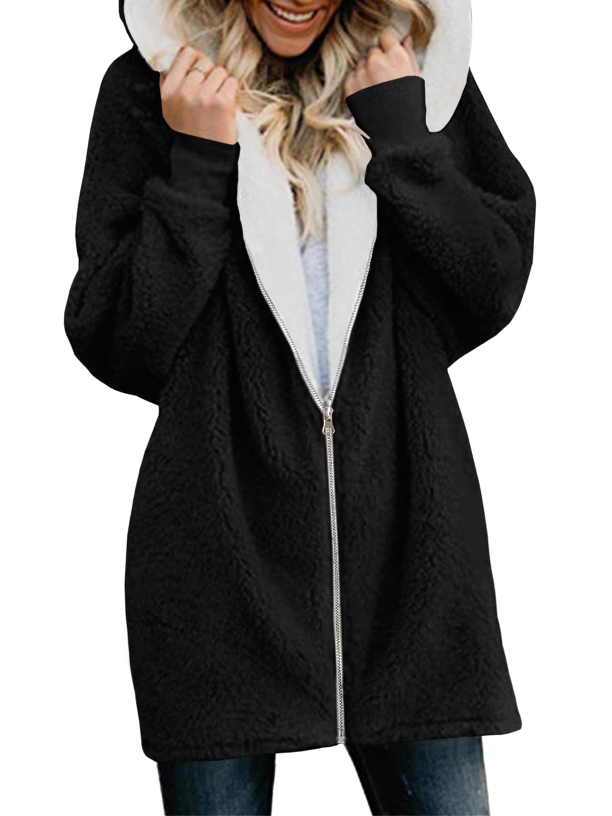 Yanekop Womens Oversized Sherpa Jacket Fuzzy Fleece Jackets Zip Up Outerwear Sweater Coat with Hood(A Black,S)
