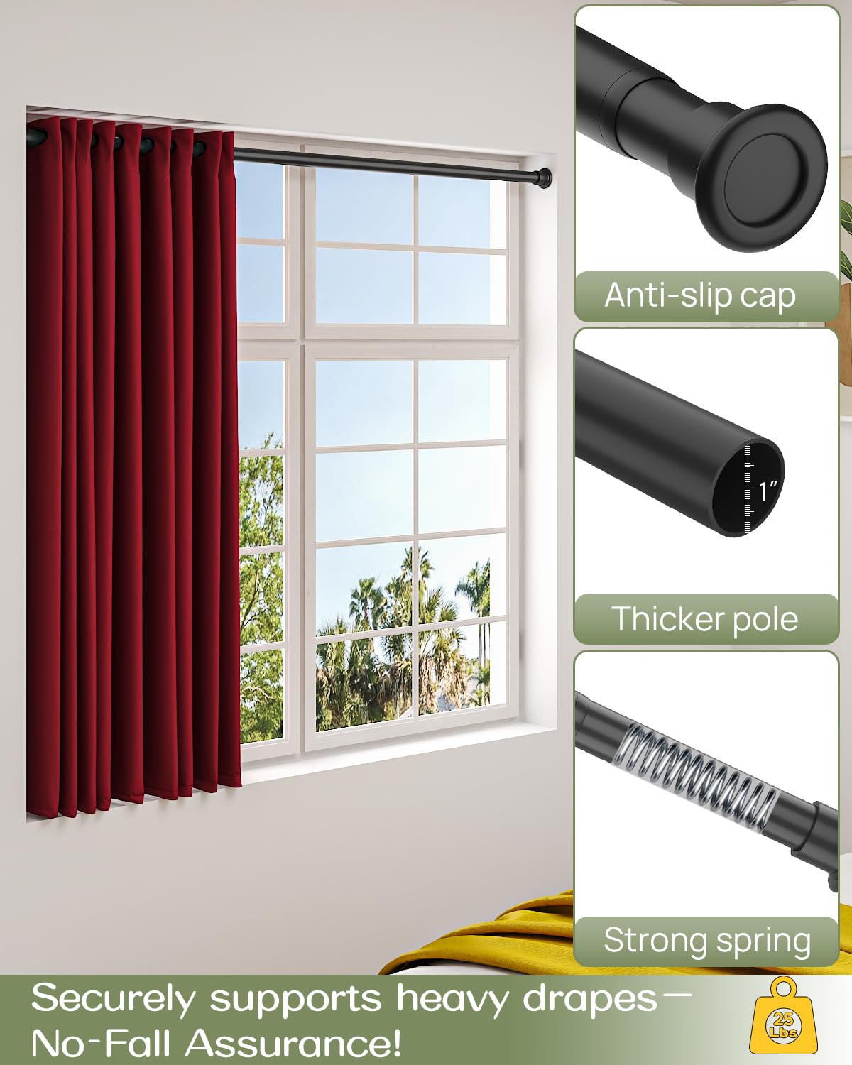 ALLZONE Heavy Duty Tension Shower Curtain Rod 42-83 Inches for Bathroom, Window, Non-Slip, Adjustable with Strong Spring Pole for Closet, Doorway, No Rust, No Drilling, Black
