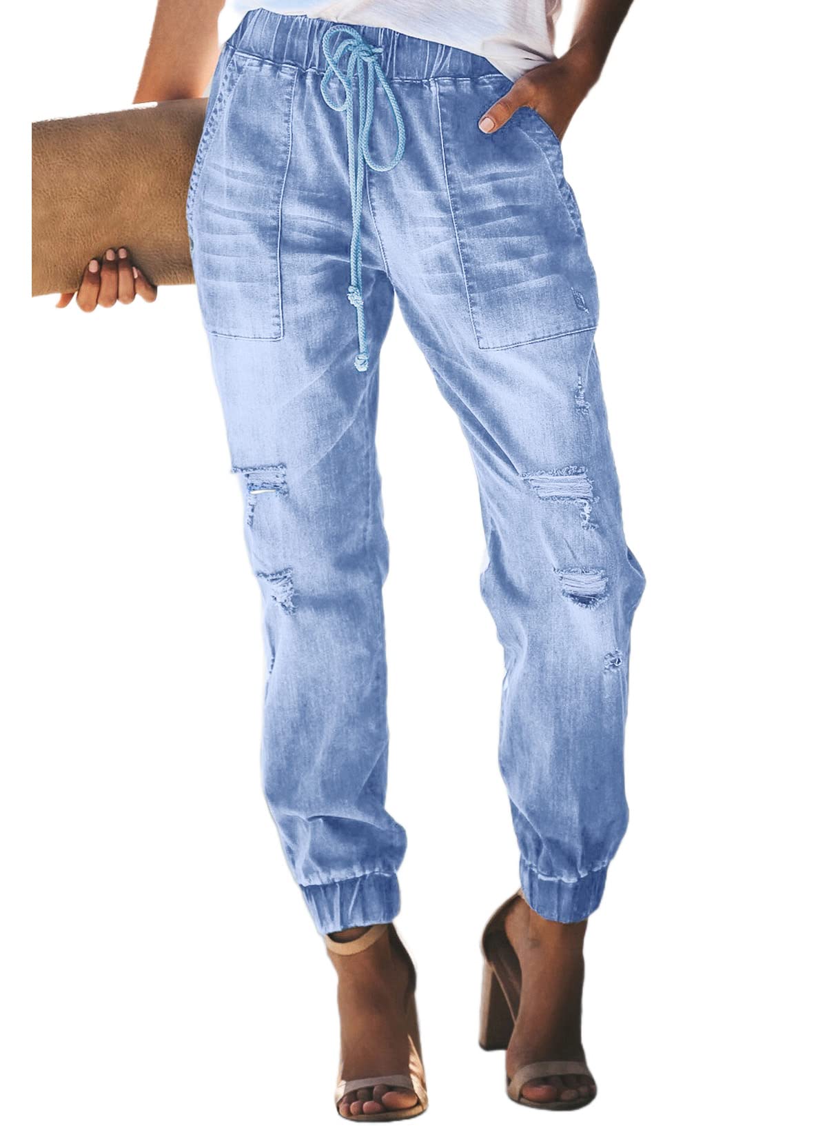 Sidefeel Women's Jeans Cargo Pants Ripped Denim Joggers Elastic Drawstring Waist Trouser Sky Blue Size 6