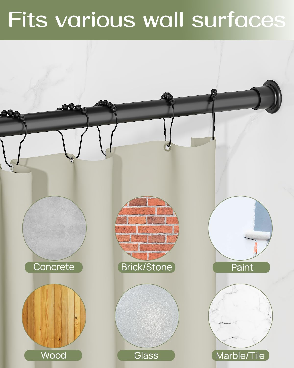 ALLZONE Heavy Duty Tension Shower Curtain Rod 42-83 Inches for Bathroom, Window, Non-Slip, Adjustable with Strong Spring Pole for Closet, Doorway, No Rust, No Drilling, Black