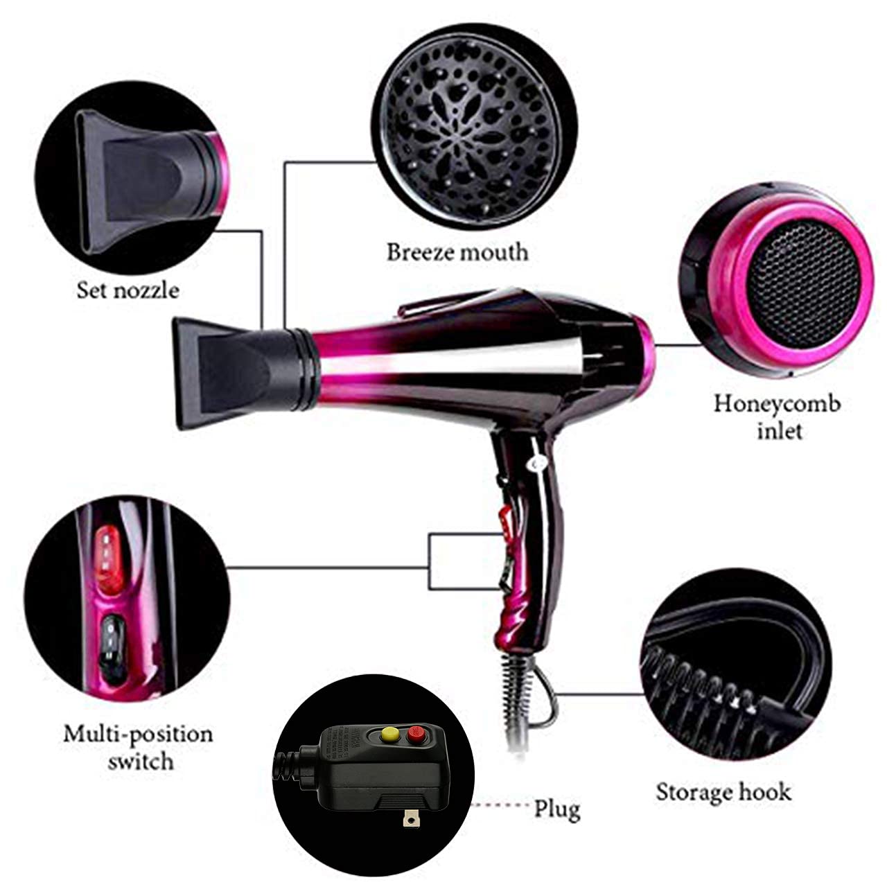 Hair Dryer Professional Blow Dryer Negative Ions 3500W Powerful Fast Drying Low Noise Long Cord Quick Dryer with Nozzle and Diffuser Hair Blow Dryer with 2 Speed and 3 Heat Settings Purple-6