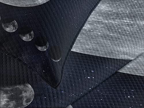 Lunarable Moon Phases Bedspread, Giant Moon on The Starry Night Sky Eclipse Movement Celestial Science, Decorative Quilted 3 Piece Coverlet Set with 2 Pillow Shams, Queen Size, Indigo Black
