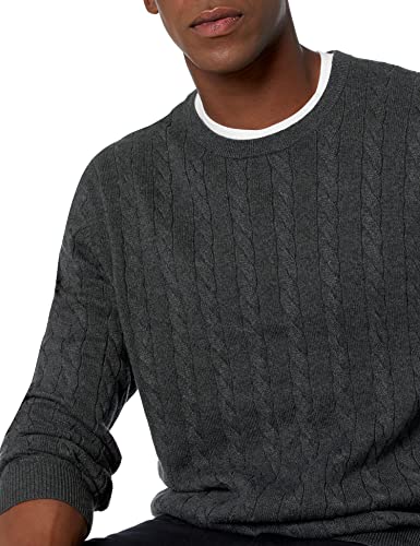 Amazon Essentials Men's Crewneck Cable Cotton Sweater, Charcoal Heather, Large
