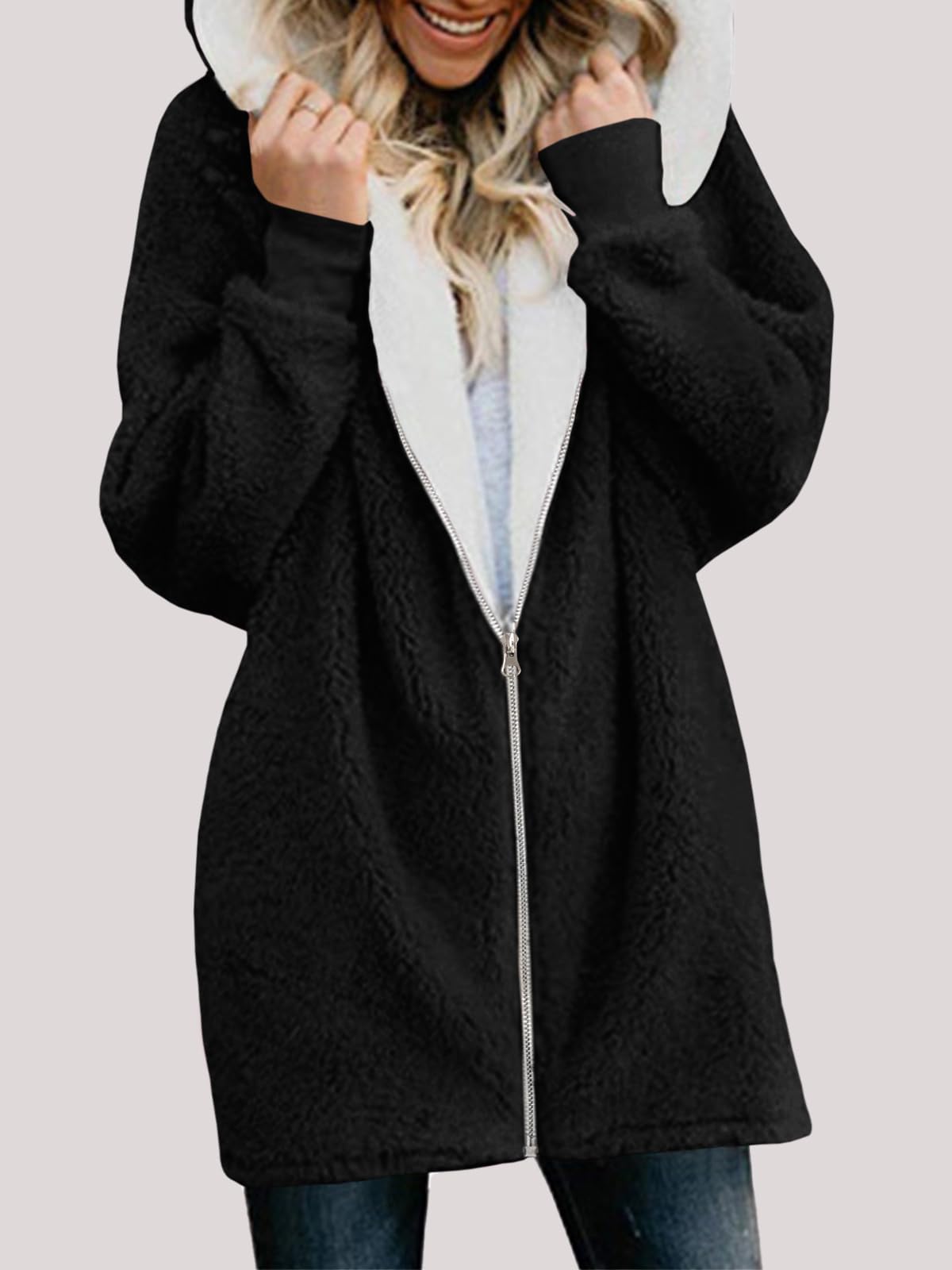 Yanekop Womens Oversized Sherpa Jacket Fuzzy Fleece Jackets Zip Up Outerwear Sweater Coat with Hood(A Black,S)