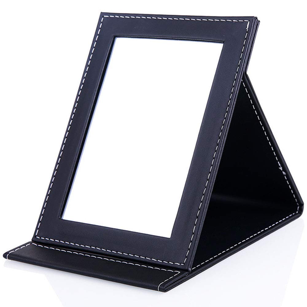 Onwon Portable Foldable Vanity Mirror (Large) with Adjustable Stand PU Leather Cover Folding Tabletop Makeup Mirror for Travel, Black