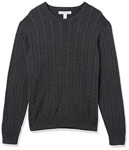 Amazon Essentials Men's Crewneck Cable Cotton Sweater, Charcoal Heather, Large