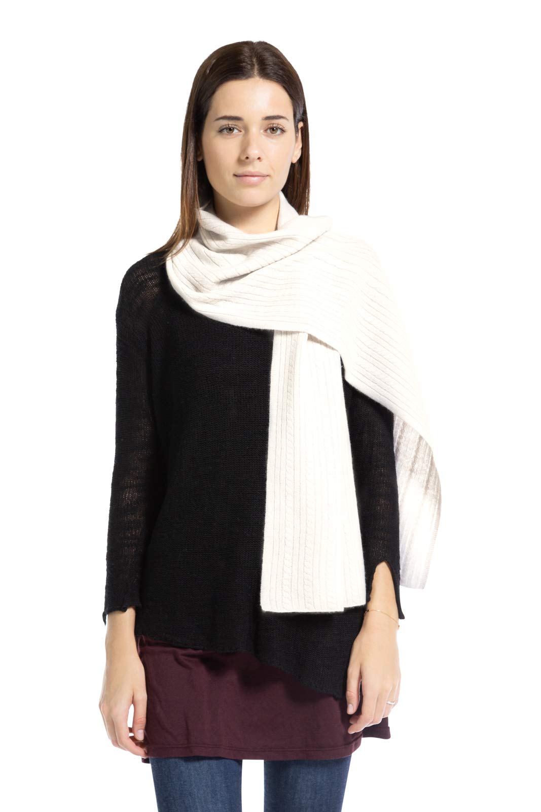 Fishers Finery Women's Cashmere Cable Knitted Scarf | Gift Box (Cream)