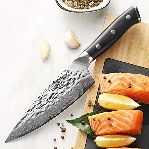 KEEMMAKE Damascus Chef's Knife, 6.5 Inch Gyutou with Hammered AUS-10 Blade, Professional Kitchen Knife with G10 Handle