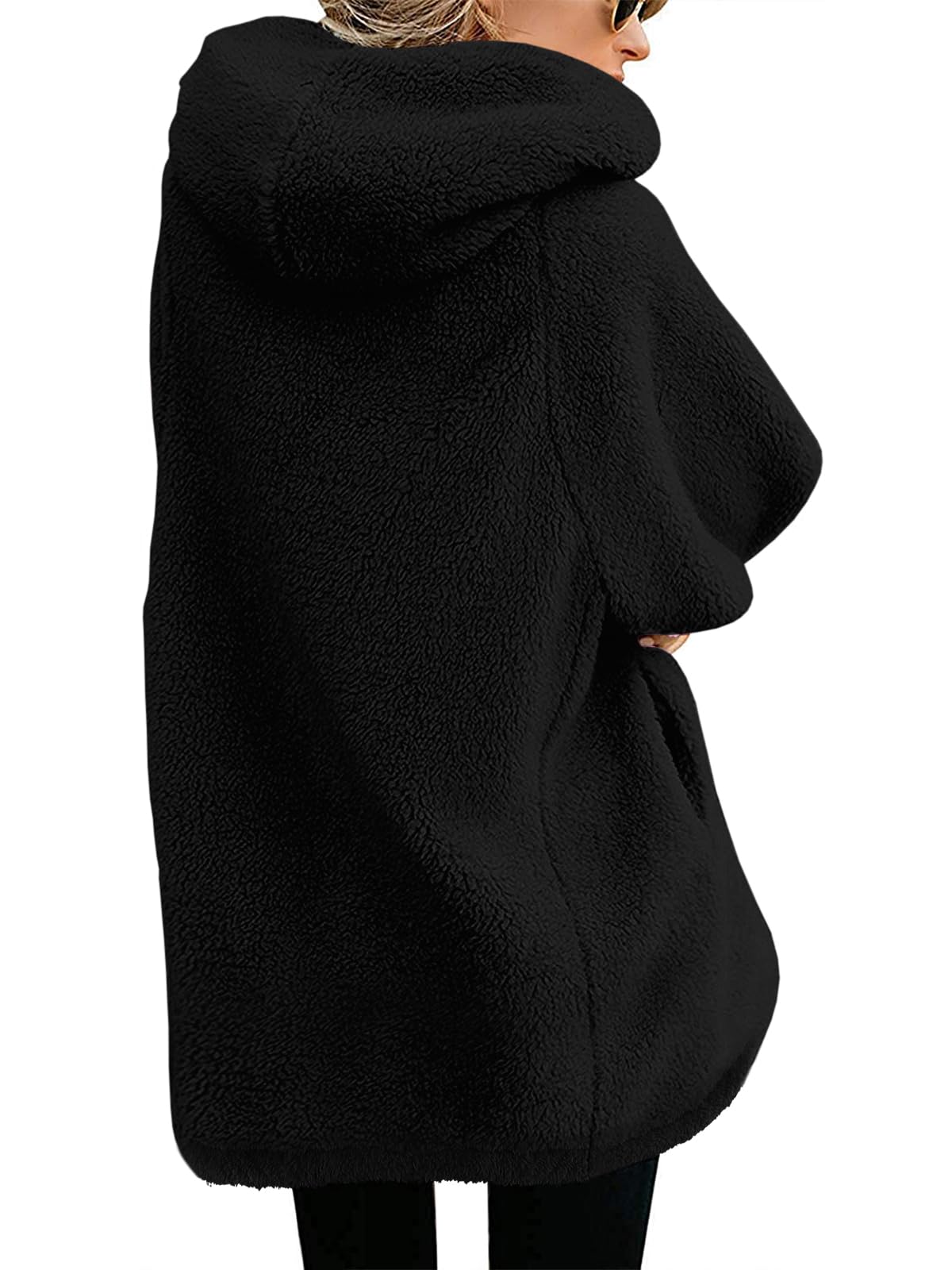 Yanekop Womens Oversized Sherpa Jacket Fuzzy Fleece Jackets Zip Up Outerwear Sweater Coat with Hood(A Black,S)