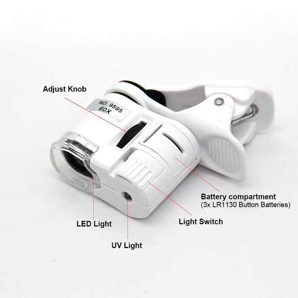 Detachable 60X Mini Phone Camera Clip Magnifier Universal Portable Magnifying with 2 Illuminated LED and Light for Mobile iPhone Galaxy