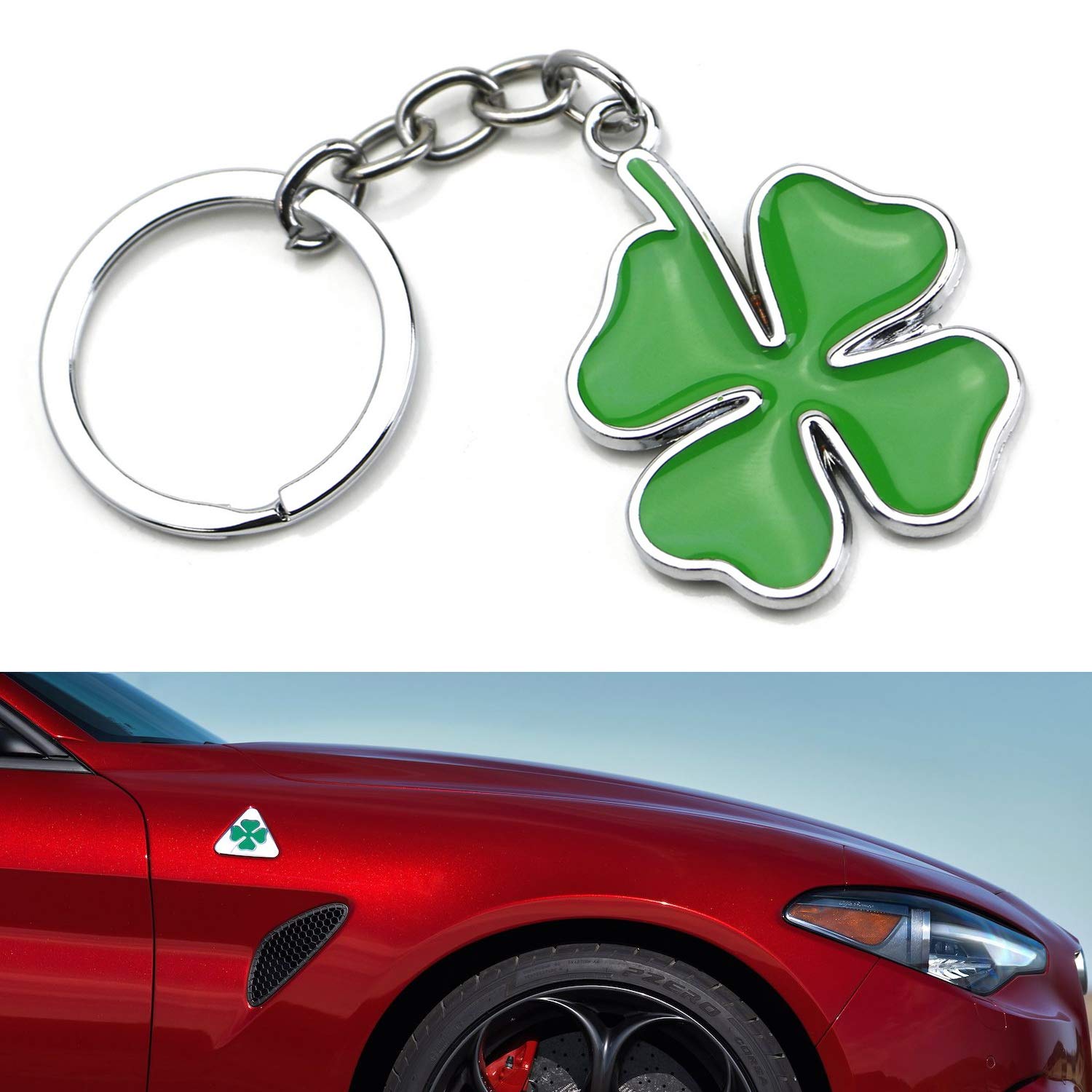 iJDMTOY Chrome Finish The Lucky Quadrifoglio Four Leaf Clover Cloverleaf Key Chain Ring Keychain