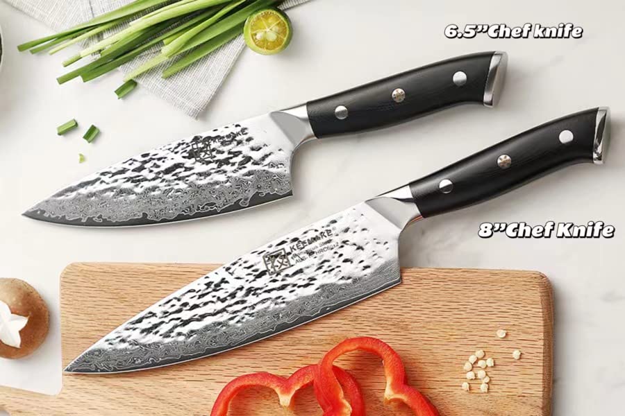 KEEMMAKE Damascus Chef's Knife, 6.5 Inch Gyutou with Hammered AUS-10 Blade, Professional Kitchen Knife with G10 Handle