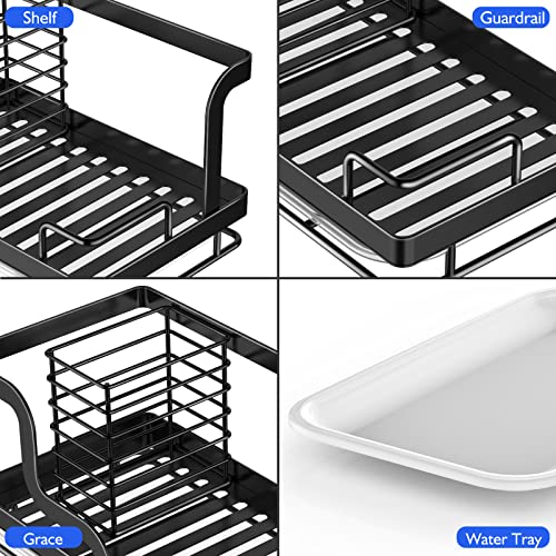 Sink Caddy Sponge Holder,VVHAOS Kitchen Sink Organizer for Dish Rag Soap Brush,Dishcloth Holder with Drain Pan 304 Stainless Steel (Black)