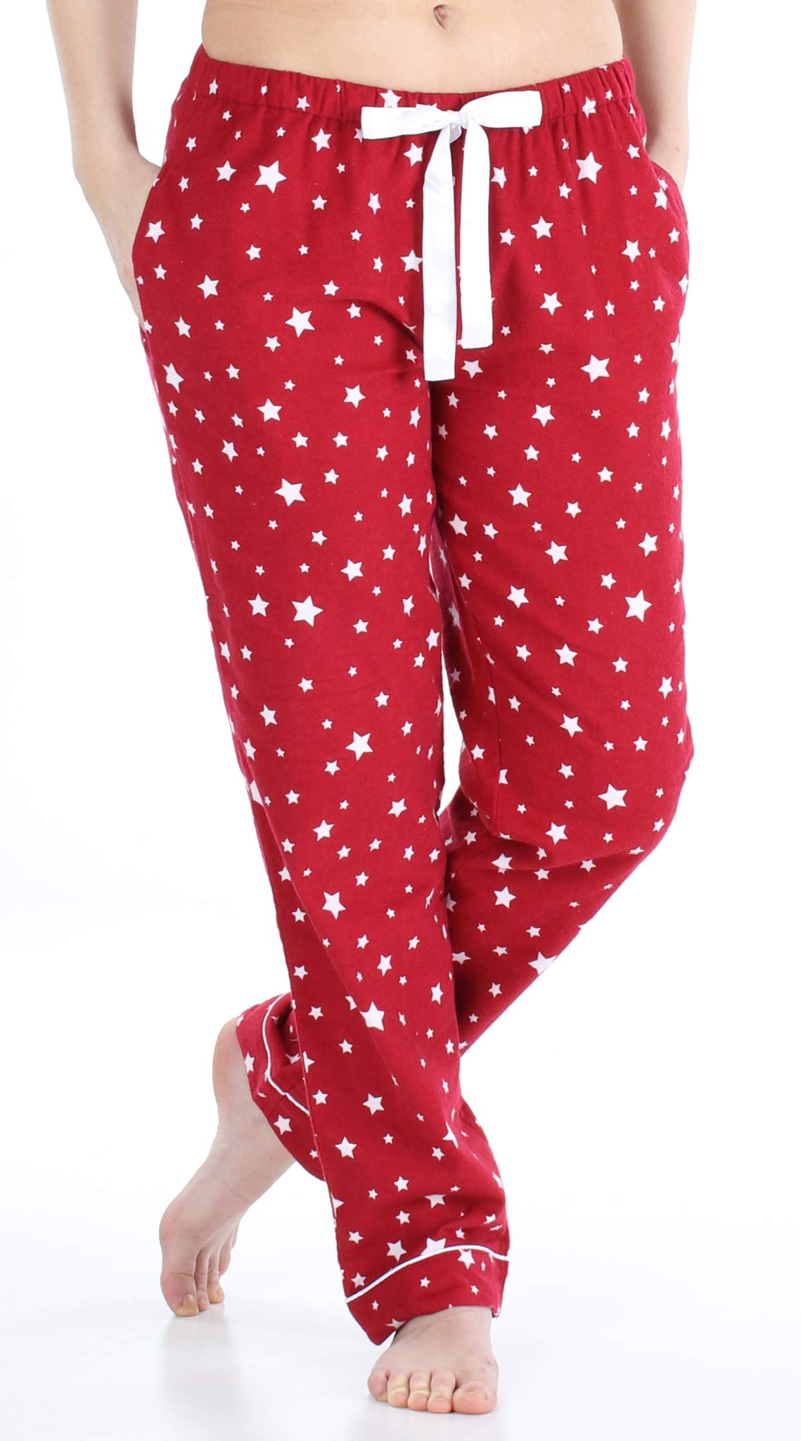 PajamaMania Women's Cotton Flannel Pajama PJ Pants with Pockets, Cranberry Star, Medium