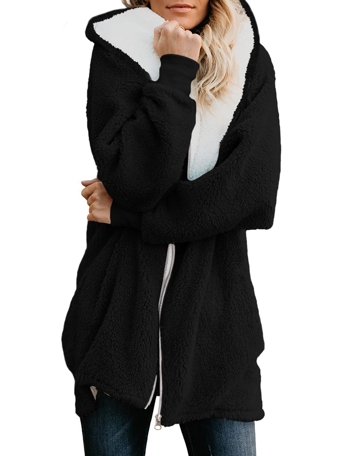 Yanekop Womens Oversized Sherpa Jacket Fuzzy Fleece Jackets Zip Up Outerwear Sweater Coat with Hood(A Black,S)