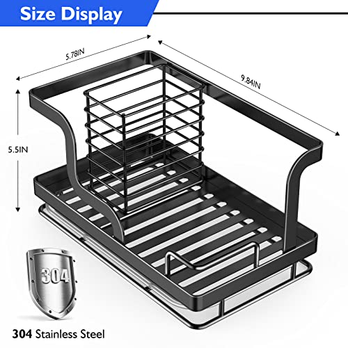 Sink Caddy Sponge Holder,VVHAOS Kitchen Sink Organizer for Dish Rag Soap Brush,Dishcloth Holder with Drain Pan 304 Stainless Steel (Black)