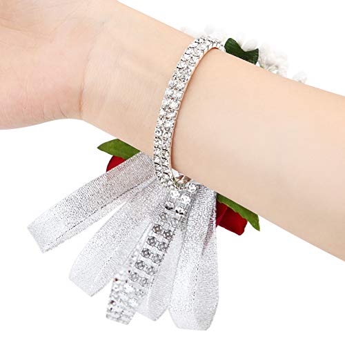 FAYBOX Velvet Open Rose Silvery Bling Ribbon Rhinestone Stretch Bracelet Wedding Prom Wrist Corsage Hand Flower Pack of 4 Red