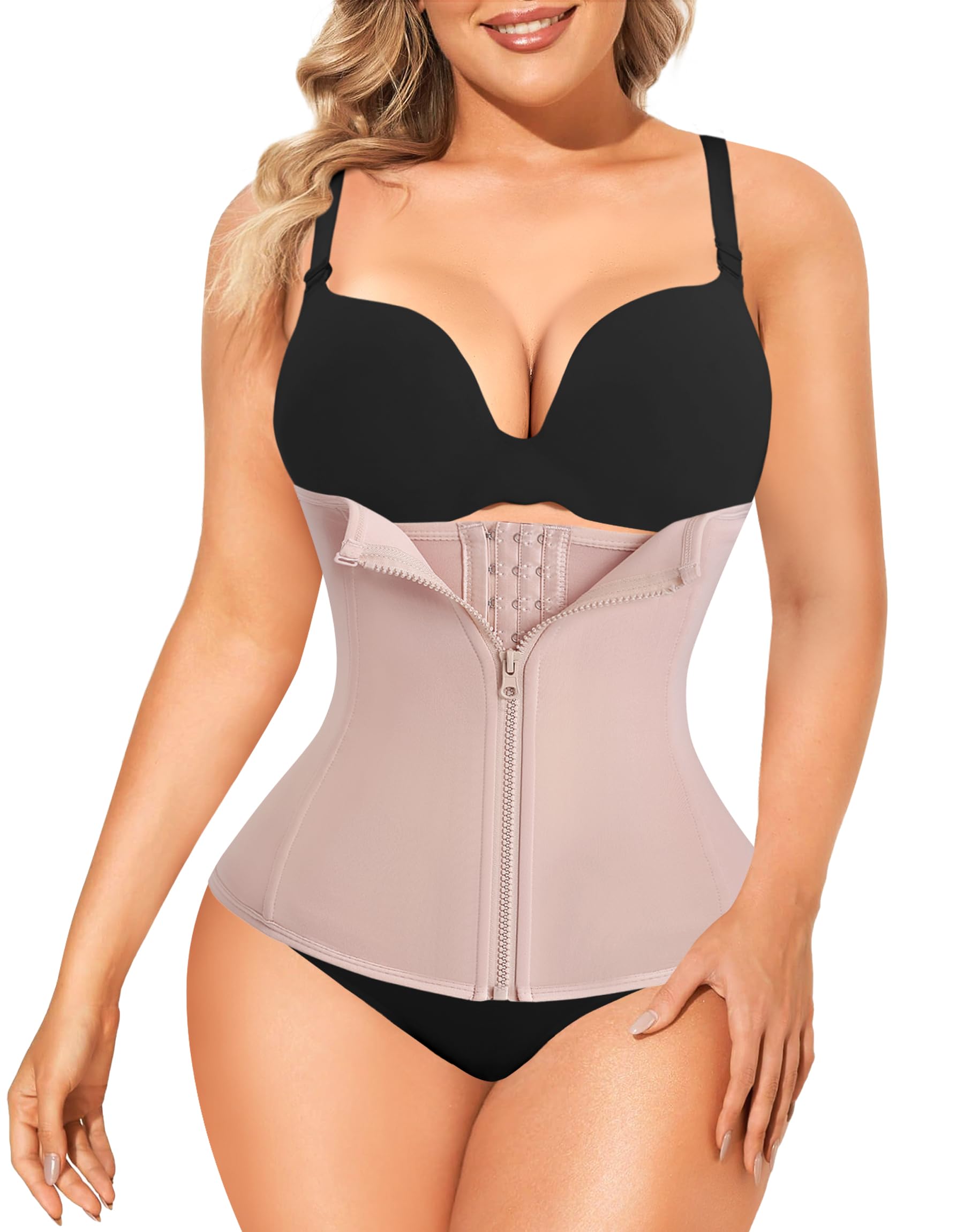 LODAY Waist Trainer Corset for Women Tummy Control Sport Workout Body Shaper Beige (XS, Beige(Zip and Hooks))