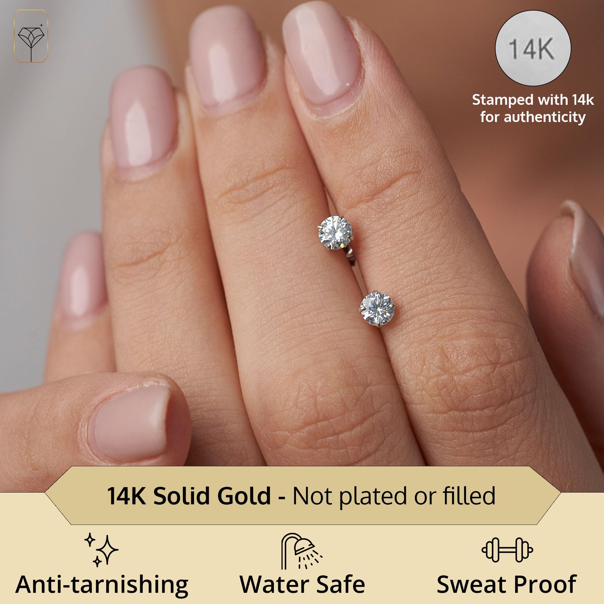 MAX + STONE 14k Solid White Gold Stud Earrings for Women & Men with CZ | Real 14k Gold Cubic Zirconia Earrings Studs with Secure Butterfly Backs | Anti-Tarnishing Cubic Zirconia Studs | Size - 4MM