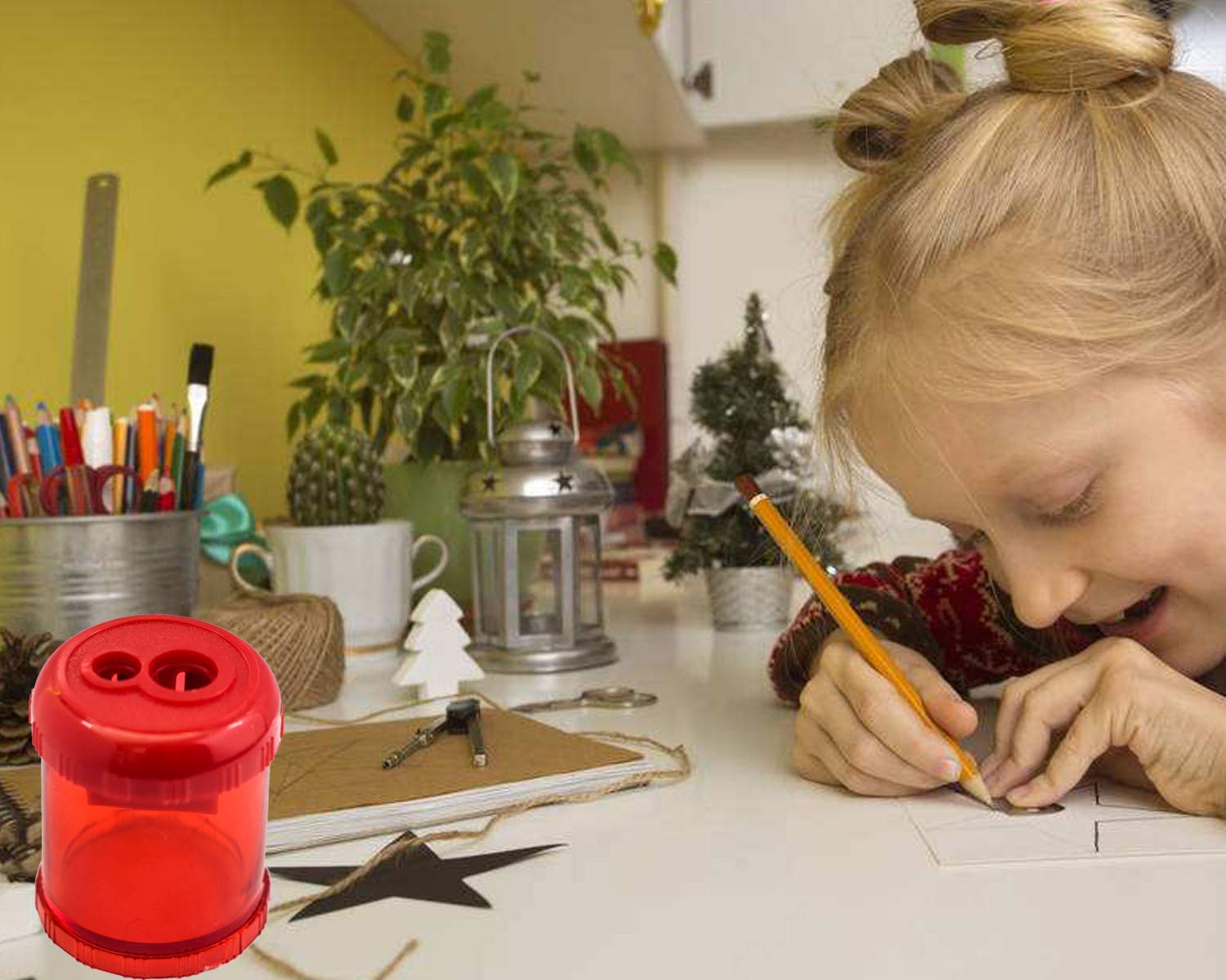 WEKOIL Manual Pencil Sharpener Dual Twin Holes Duty Metal Sharp Blade Crayon XL Sharpener with Large Round Catches Sharpening Regular HB Pencils Graphite Colored Jumbo Pencils for Designers Teachers