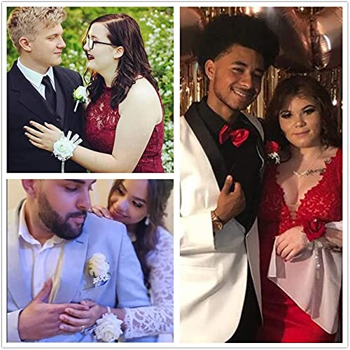 FAYBOX Velvet Open Rose Silvery Bling Ribbon Rhinestone Stretch Bracelet Wedding Prom Wrist Corsage Hand Flower Pack of 4 Red