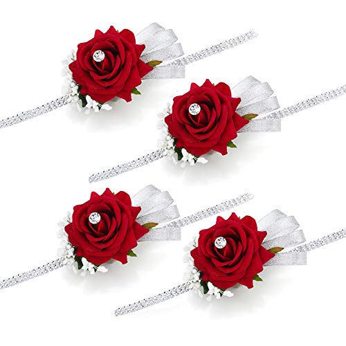 FAYBOX Velvet Open Rose Silvery Bling Ribbon Rhinestone Stretch Bracelet Wedding Prom Wrist Corsage Hand Flower Pack of 4 Red