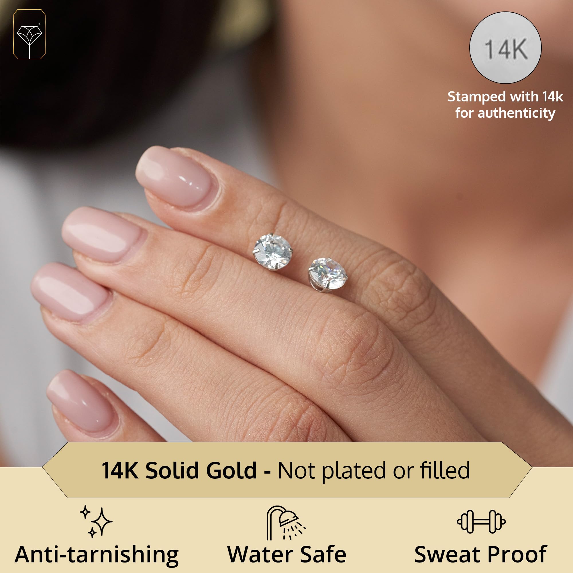 MAX + STONE 14k Solid White Gold Stud Earrings for Women & Men with CZ | Real 14k Gold Cubic Zirconia Earrings Studs with Secure Butterfly Backs | Anti-Tarnishing Cubic Zirconia Studs | Size - 6.5MM