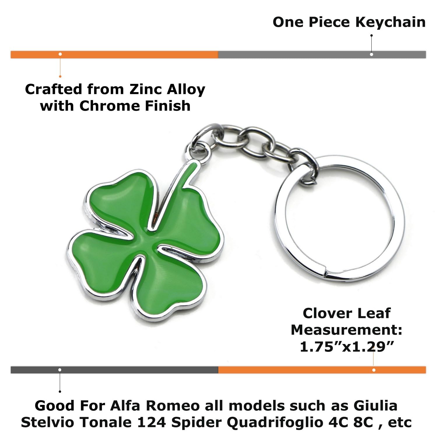 iJDMTOY Chrome Finish The Lucky Quadrifoglio Four Leaf Clover Cloverleaf Key Chain Ring Keychain