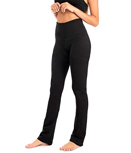 DEAR SPARKLE Bootcut Fold Over Leggings for Women | Slim Look Bootleg Yoga Pants w Pocket + Plus Size (C5 F) (Black, Large)