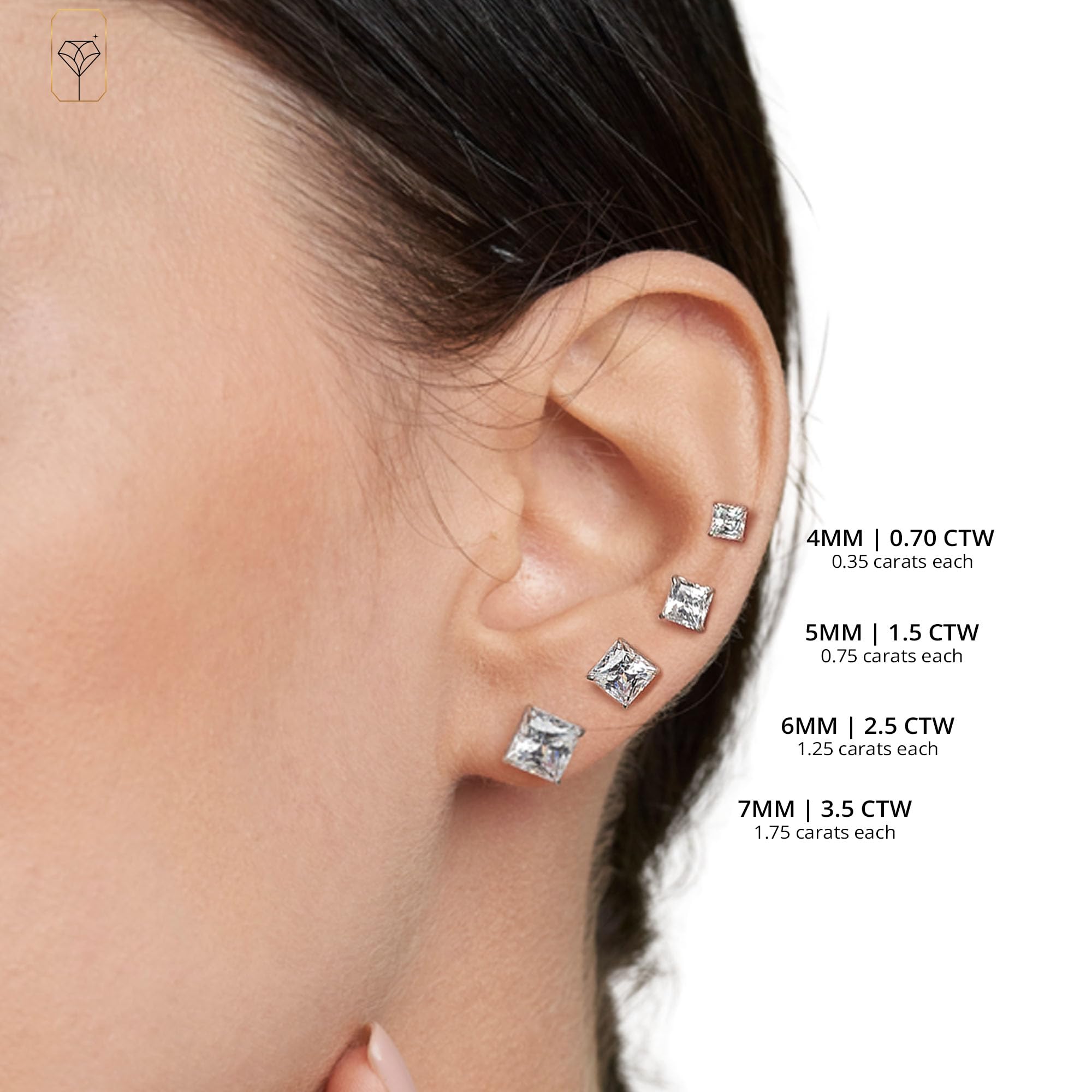 MAX + STONE 14k White Gold Princess Cut CZ Stud Earrings for Women & Men | Cubic Zirconia Earrings Studs with Gold Earring Backs | Square Earrings for Men | 1.5 Carats total |