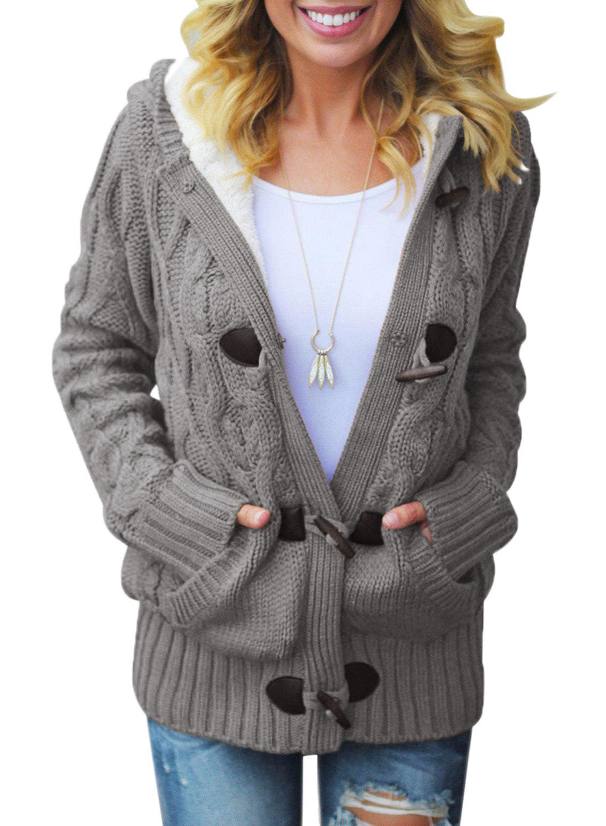 Dokotoo Womens Winter Fashion Ladies Cozy Faux Fur Hooded Casual Cardigans Sweaters Button Open Front Long Sleeve Cable Knit Sweater Fleece Coat Outerwear with Pockets Grey Medium
