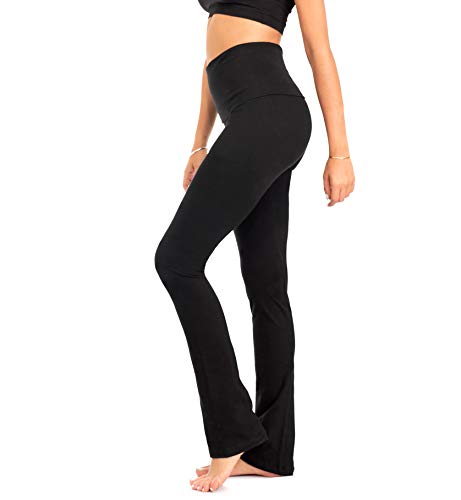 DEAR SPARKLE Bootcut Fold Over Leggings for Women | Slim Look Bootleg Yoga Pants w Pocket + Plus Size (C5 F) (Black, Large)