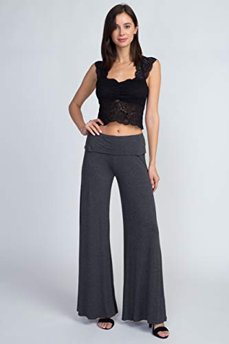 YELETE Women's Fashion Colorful Printed High Waist Fold Over Wide Leg Palazzo Pants (Medium, Heather Charcoal)