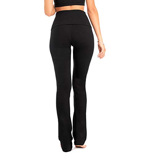 DEAR SPARKLE Bootcut Fold Over Leggings for Women | Slim Look Bootleg Yoga Pants w Pocket + Plus Size (C5 F) (Black, Large)
